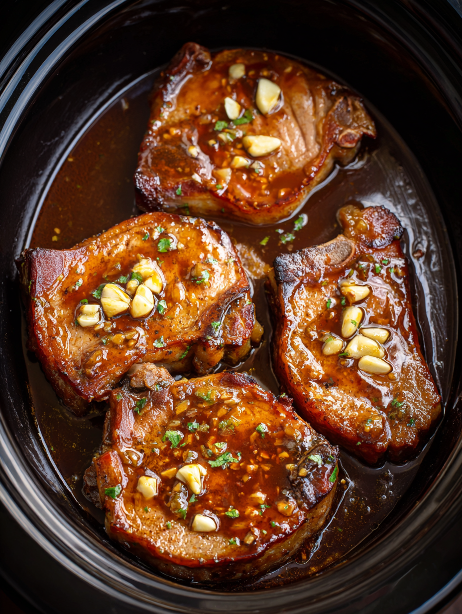 slow cooker 3-ingredient honey garlic pork chops - It's Not About Nutrition