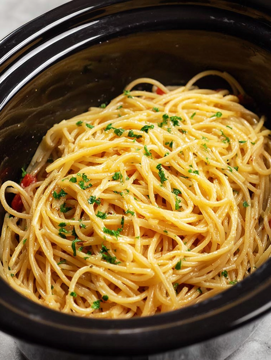 Slow Cooker Spaghetti Aglio e Olio - It's Not About Nutrition