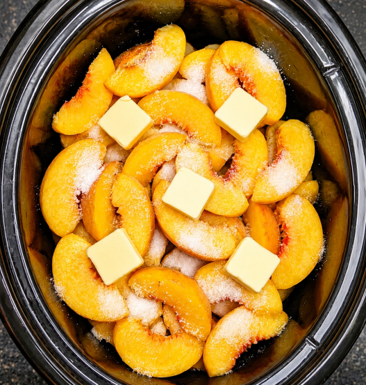 4-Ingredient Slow Cooker Peach Dump Cake - It's Not About Nutrition